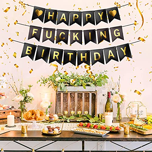 Happy Birthday Banner, Personalized Name Happy Birthday Decorations Black and Gold with 2 Sets A-Z Letters Multi Occasion Bunting Sign Confetti Balloons for Men Women Boys Girls Kids