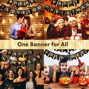 Happy Birthday Banner, Personalized Name Happy Birthday Decorations Black and Gold with 2 Sets A-Z Letters Multi Occasion Bunting Sign Confetti Balloons for Men Women Boys Girls Kids