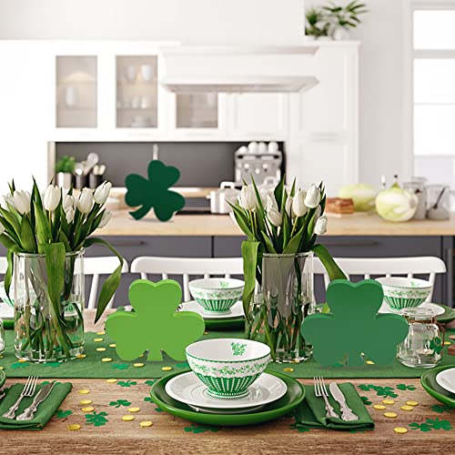 5 PCS St. Patrick’s Day Wood Decorations Green Shamrock Wood Table Signs Clover Wooden Block Signs Irish Party Tiered Tray Decor for Home Holiday Party Supplies Table Centerpieces