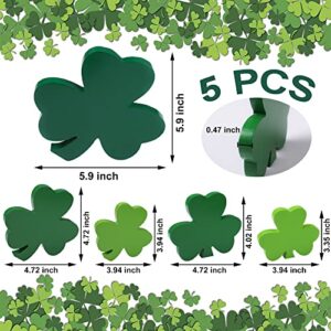 5 PCS St. Patrick’s Day Wood Decorations Green Shamrock Wood Table Signs Clover Wooden Block Signs Irish Party Tiered Tray Decor for Home Holiday Party Supplies Table Centerpieces