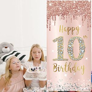 Happy 10th Birthday Door Banner Backdrop Decorations, Pink Rose Gold 10 Year Old Birthday Party Door Cover Sign Supplies, Large Ten Birthday Poster Background Photo Booth Props Décor