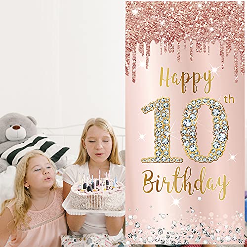 Happy 10th Birthday Door Banner Backdrop Decorations, Pink Rose Gold 10 Year Old Birthday Party Door Cover Sign Supplies, Large Ten Birthday Poster Background Photo Booth Props Décor