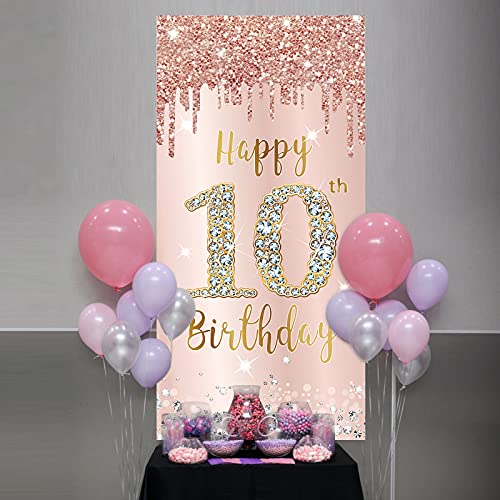 Happy 10th Birthday Door Banner Backdrop Decorations, Pink Rose Gold 10 Year Old Birthday Party Door Cover Sign Supplies, Large Ten Birthday Poster Background Photo Booth Props Décor