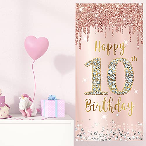 Happy 10th Birthday Door Banner Backdrop Decorations, Pink Rose Gold 10 Year Old Birthday Party Door Cover Sign Supplies, Large Ten Birthday Poster Background Photo Booth Props Décor