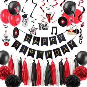 rock and roll themed birthday party decoration rock star foil swirl happy birthday banner tassel paper garlands tissue pom poms decor 40pcs easy joy