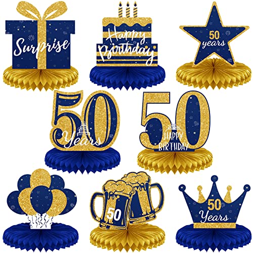 Spakon 8 Pieces 50th Birthday Decorations Glitter 50th Happy Birthday Honeycomb Centerpieces for Tables Fifty Years Blue and Gold Party Decorations Men and Woman Birthday Decorations