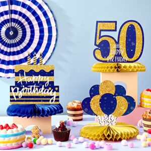 Spakon 8 Pieces 50th Birthday Decorations Glitter 50th Happy Birthday Honeycomb Centerpieces for Tables Fifty Years Blue and Gold Party Decorations Men and Woman Birthday Decorations