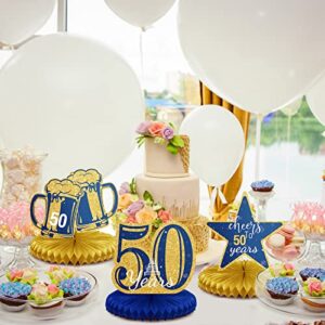 Spakon 8 Pieces 50th Birthday Decorations Glitter 50th Happy Birthday Honeycomb Centerpieces for Tables Fifty Years Blue and Gold Party Decorations Men and Woman Birthday Decorations