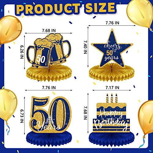 Spakon 8 Pieces 50th Birthday Decorations Glitter 50th Happy Birthday Honeycomb Centerpieces for Tables Fifty Years Blue and Gold Party Decorations Men and Woman Birthday Decorations