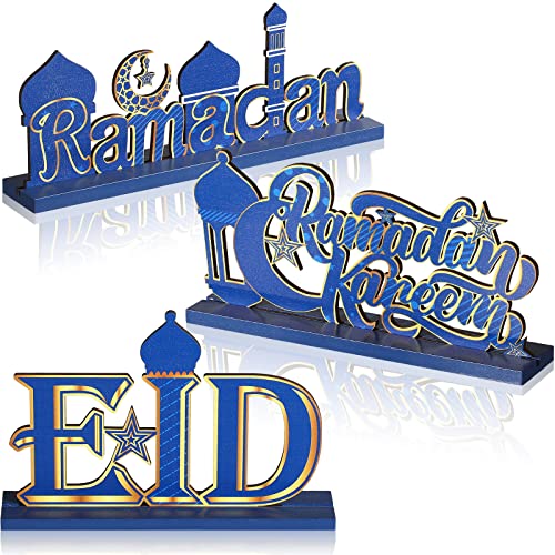 Ramadan Mubarak Eid Decorations 3 Pcs Ramadan Kareem Table Top Ornaments Ramadan Wooden Ornaments Freestanding Table Centerpiece Sign for Eid Ramadan Gifts Home Office Home Bedroom Party Decorations