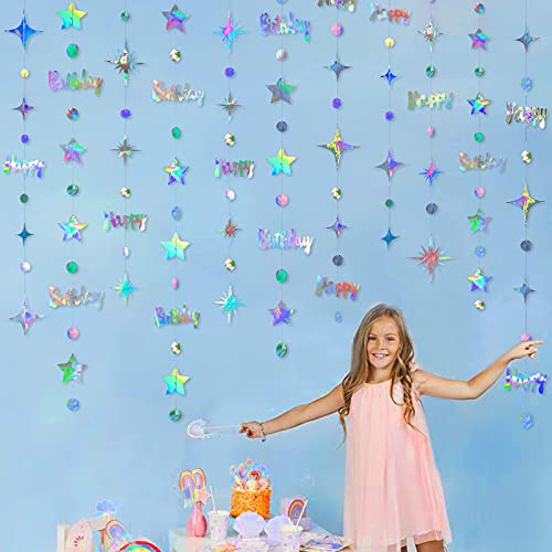 Iridescent Happy Birthday Decorations Happy Birthday Circle Dot Twinkle Star Garland Kit Metallic Holographic Hanging Streamer Bunting Banner Backdrop for Women Mens Kids Birthday Party Supplies