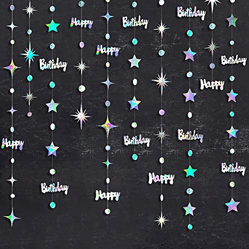 Iridescent Happy Birthday Decorations Happy Birthday Circle Dot Twinkle Star Garland Kit Metallic Holographic Hanging Streamer Bunting Banner Backdrop for Women Mens Kids Birthday Party Supplies