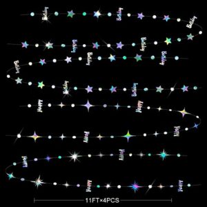 Iridescent Happy Birthday Decorations Happy Birthday Circle Dot Twinkle Star Garland Kit Metallic Holographic Hanging Streamer Bunting Banner Backdrop for Women Mens Kids Birthday Party Supplies