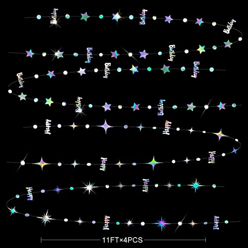 Iridescent Happy Birthday Decorations Happy Birthday Circle Dot Twinkle Star Garland Kit Metallic Holographic Hanging Streamer Bunting Banner Backdrop for Women Mens Kids Birthday Party Supplies