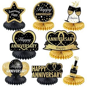 happy wedding anniversary decorations table honeycomb centerpiece, 8pcs anniversary theme party supplies for adult, 10th 25th 30th 40th 50th 60th anniversary table decor sign