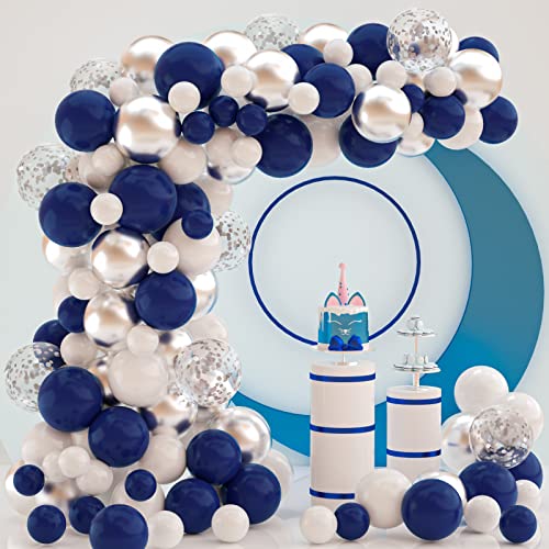 Silver Blue Balloons Garland Kit, 120 pcs Navy Blue and Silver Confetti White Balloons Arch with 16ft Tape Strip & Dot Glue for Party Wedding Birthday DIY Decoration