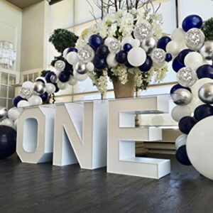 Silver Blue Balloons Garland Kit, 120 pcs Navy Blue and Silver Confetti White Balloons Arch with 16ft Tape Strip & Dot Glue for Party Wedding Birthday DIY Decoration