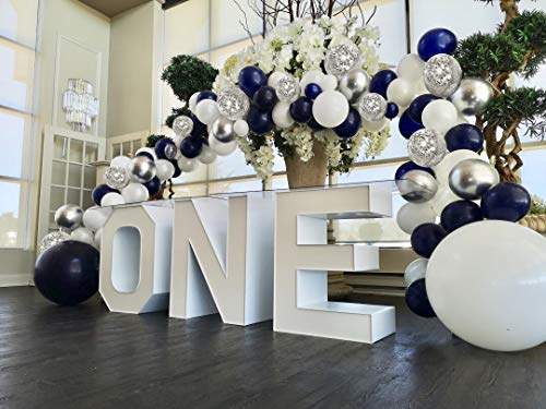 Silver Blue Balloons Garland Kit, 120 pcs Navy Blue and Silver Confetti White Balloons Arch with 16ft Tape Strip & Dot Glue for Party Wedding Birthday DIY Decoration