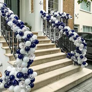 Silver Blue Balloons Garland Kit, 120 pcs Navy Blue and Silver Confetti White Balloons Arch with 16ft Tape Strip & Dot Glue for Party Wedding Birthday DIY Decoration