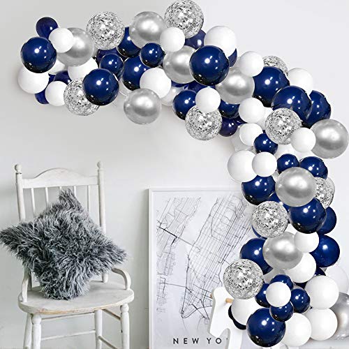 Silver Blue Balloons Garland Kit, 120 pcs Navy Blue and Silver Confetti White Balloons Arch with 16ft Tape Strip & Dot Glue for Party Wedding Birthday DIY Decoration