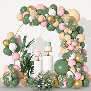 126pcs sage green balloon garland arch kit, olive sage green balloons birthday baby shower decorations of blush pink white and gold confetti with artificial eucalyptus for wedding safari party