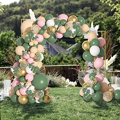 126Pcs Sage Green Balloon Garland Arch Kit, Olive Sage Green Balloons Birthday Baby Shower Decorations of Blush Pink White and Gold Confetti with Artificial Eucalyptus for Wedding Safari Party