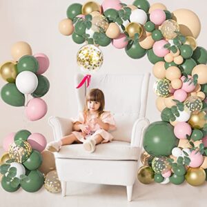 126Pcs Sage Green Balloon Garland Arch Kit, Olive Sage Green Balloons Birthday Baby Shower Decorations of Blush Pink White and Gold Confetti with Artificial Eucalyptus for Wedding Safari Party