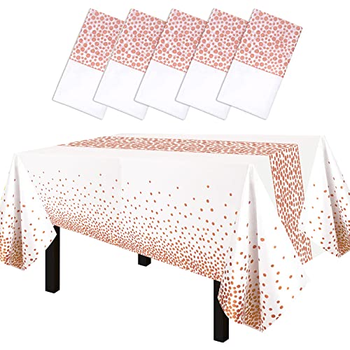 FECEDY 5 Packs 54"x108" Rose Gold Wave Point White Disposable Plastic Table Cover Waterproof Tablecloths for Rectangle Tables up to 8 ft in Length Party Decorations