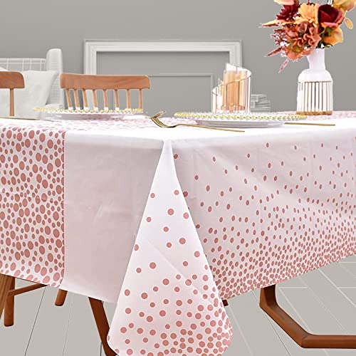 FECEDY 5 Packs 54"x108" Rose Gold Wave Point White Disposable Plastic Table Cover Waterproof Tablecloths for Rectangle Tables up to 8 ft in Length Party Decorations