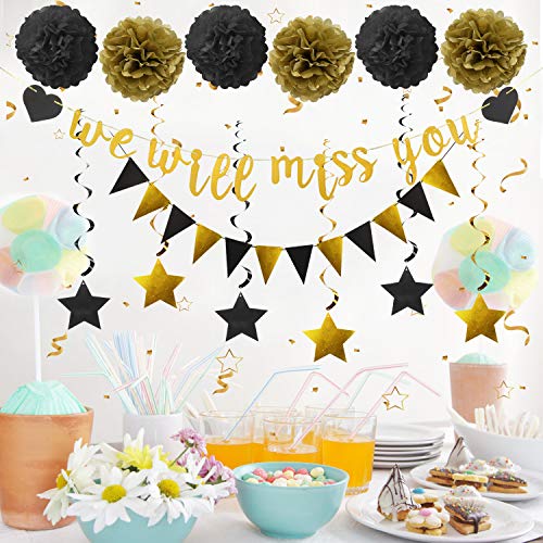 Farewell Party Decorations Supplies Kit - 14Pcs - We Will Miss You Banner, Triangle Flag, 6Pcs Star Swirl, 6Pcs Pom - Great for Retirement Farewell Going Away Job Change Party Decorations(Black Gold)