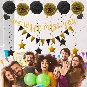 Farewell Party Decorations Supplies Kit - 14Pcs - We Will Miss You Banner, Triangle Flag, 6Pcs Star Swirl, 6Pcs Pom - Great for Retirement Farewell Going Away Job Change Party Decorations(Black Gold)