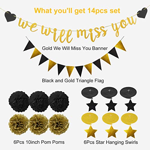 Farewell Party Decorations Supplies Kit - 14Pcs - We Will Miss You Banner, Triangle Flag, 6Pcs Star Swirl, 6Pcs Pom - Great for Retirement Farewell Going Away Job Change Party Decorations(Black Gold)