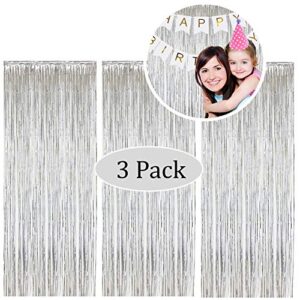 moohome 3 pack silver foil fringe curtain, fringe backdrop curtains for birthday wedding engagement bridal shower bachelorette party decorations