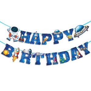 lingaixinyue, space ship astronaut happy birthday banner boys birthday party banner decoration blue