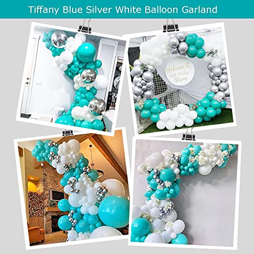 Tiffany Blue White Balloons Arch Garland Kit 134 Green Silver Balloons with Balloon Strip Tape Balloon Dot for Blue Backdrop Birthday Decoration , Baby Shower, Wedding, Graduation