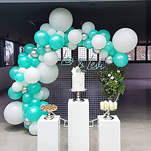 Tiffany Blue White Balloons Arch Garland Kit 134 Green Silver Balloons with Balloon Strip Tape Balloon Dot for Blue Backdrop Birthday Decoration , Baby Shower, Wedding, Graduation