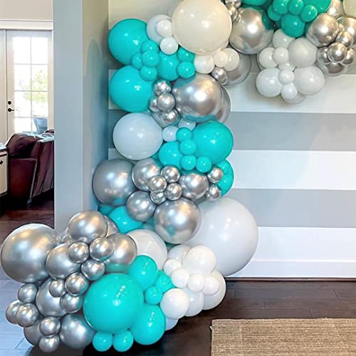 Tiffany Blue White Balloons Arch Garland Kit 134 Green Silver Balloons with Balloon Strip Tape Balloon Dot for Blue Backdrop Birthday Decoration , Baby Shower, Wedding, Graduation