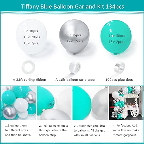 Tiffany Blue White Balloons Arch Garland Kit 134 Green Silver Balloons with Balloon Strip Tape Balloon Dot for Blue Backdrop Birthday Decoration , Baby Shower, Wedding, Graduation