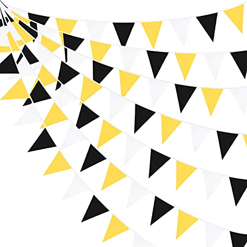 32Ft Yellow Black White Pennant Banner Fabric Triangle Flag Bunting Garland for Bee Party Wedding Birthday Baby Shower Anniversary Home Nursery Outdoor Garden Hanging Festivals Decoration (36Pcs)