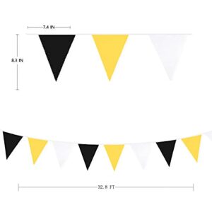 32Ft Yellow Black White Pennant Banner Fabric Triangle Flag Bunting Garland for Bee Party Wedding Birthday Baby Shower Anniversary Home Nursery Outdoor Garden Hanging Festivals Decoration (36Pcs)