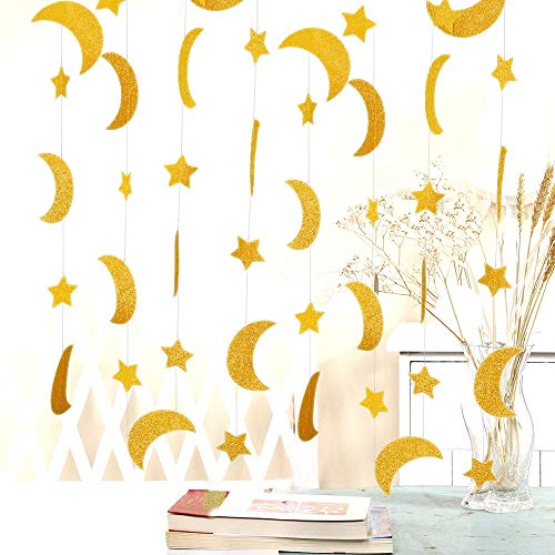 50ft Glitter Moon & Stars Garlands, 6 Pack Gold Double-Side Crescent and Twinkle Stars Paper Hanging Decorations for Birthday Party Baby Shower Engagement Wedding for Nursery Kids Room Home Bedroom