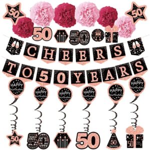 50th birthday decorations for women – (21pack) cheers to 50 years rose gold glitter banner for women, 6 paper poms, 6 hanging swirl, 7 decorations stickers. 50 years old party supplies gifts for women