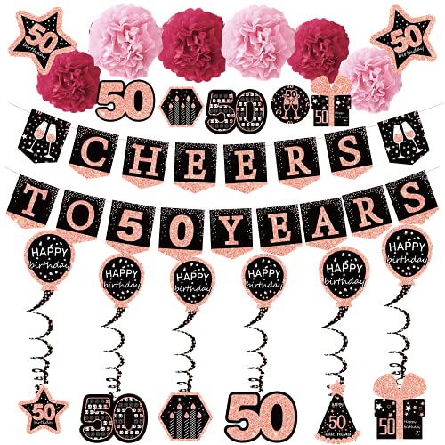 50th birthday decorations for women - (21pack) cheers to 50 years rose gold glitter banner for women, 6 paper Poms, 6 Hanging Swirl, 7 decorations stickers. 50 Years Old Party Supplies gifts for women