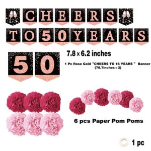 50th birthday decorations for women - (21pack) cheers to 50 years rose gold glitter banner for women, 6 paper Poms, 6 Hanging Swirl, 7 decorations stickers. 50 Years Old Party Supplies gifts for women