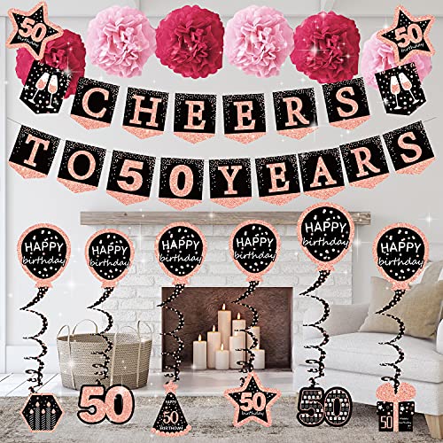 50th birthday decorations for women - (21pack) cheers to 50 years rose gold glitter banner for women, 6 paper Poms, 6 Hanging Swirl, 7 decorations stickers. 50 Years Old Party Supplies gifts for women