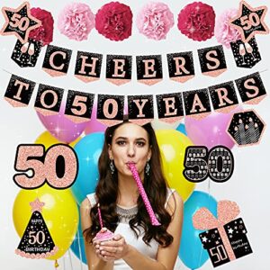 50th birthday decorations for women - (21pack) cheers to 50 years rose gold glitter banner for women, 6 paper Poms, 6 Hanging Swirl, 7 decorations stickers. 50 Years Old Party Supplies gifts for women