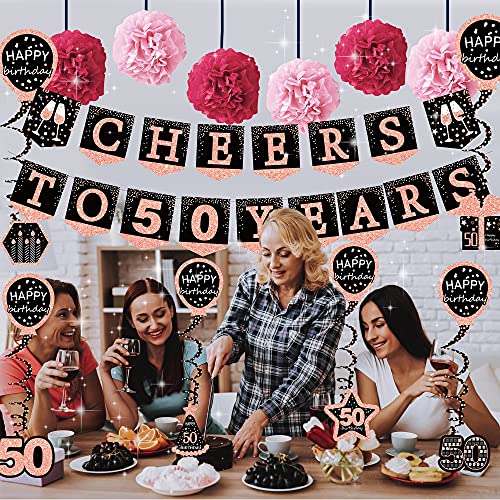 50th birthday decorations for women - (21pack) cheers to 50 years rose gold glitter banner for women, 6 paper Poms, 6 Hanging Swirl, 7 decorations stickers. 50 Years Old Party Supplies gifts for women