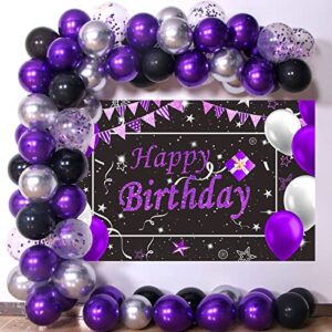 black purple birthday decorations, happy birthday backdrop for women girls men 13th 16th 18th 21st 30th 40th 50th 60th birthday party decorations purple, black silver and purple balloon arch kit