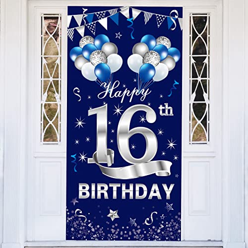 Blue Silver 16th Birthday Door Banner Decorations, Happy 16 Birthday Door Cover Sign Party Supplies for Boys, Sweet 16 Year Old Birthday Photo Booth Backdrop Decor