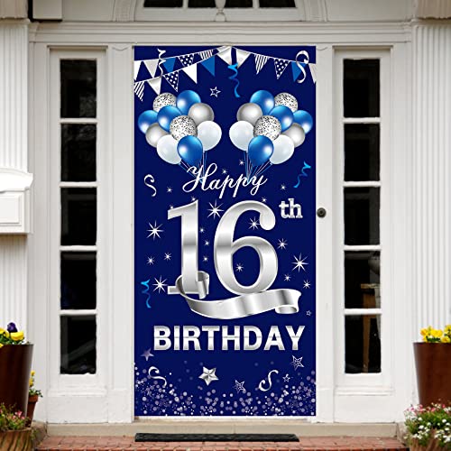 Blue Silver 16th Birthday Door Banner Decorations, Happy 16 Birthday Door Cover Sign Party Supplies for Boys, Sweet 16 Year Old Birthday Photo Booth Backdrop Decor